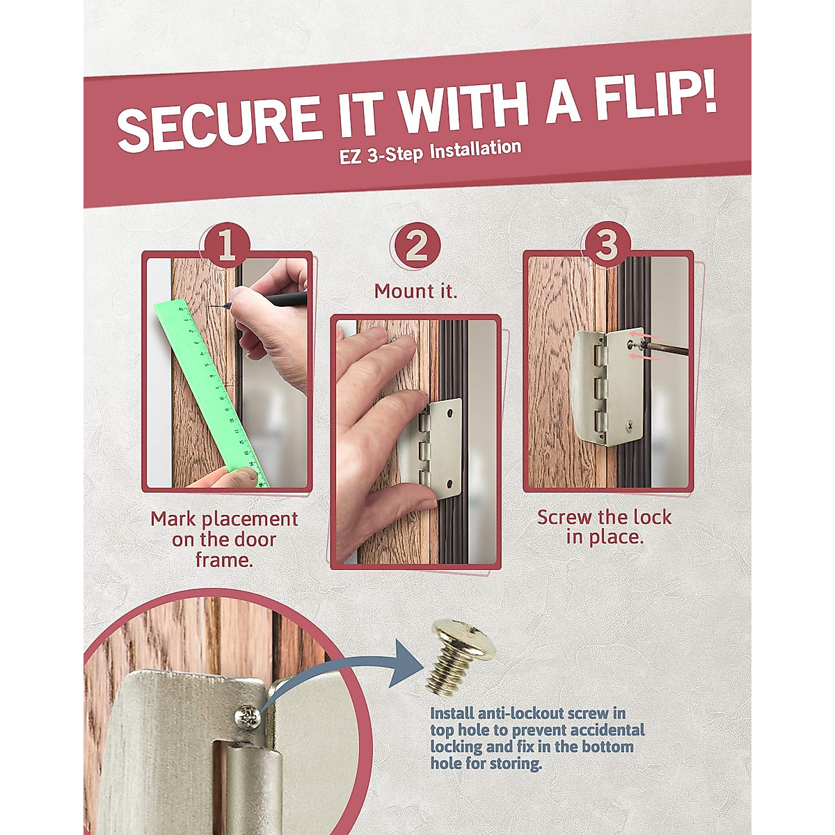 Jack N’ Drill Flip Action Door Lock (6 Pack)- Reversible Privacy Door Locks with Anti Lockout Screw for Child Proofing and Home Defense, Easy to Install and Durable Lock for Interior Swing-in Doors