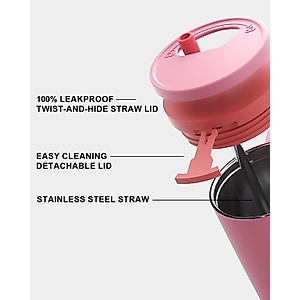 KISSKIND 40 oz Tumbler with Handle and Straw Lid, 100% Leakproof Stainless Steel Vacuum Insulated Cup Travel Coffee Mug Water Bottle, Car Cup Holder Friendly, Rubber Base, Gifts for Women Men (Pink)