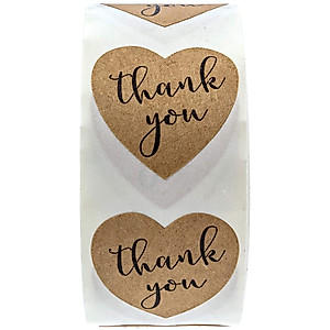 Brown Kraft Heart Shape Thank You Stickers / 500 Heart Labels / 1 1/8" Thank You Envelope Seals