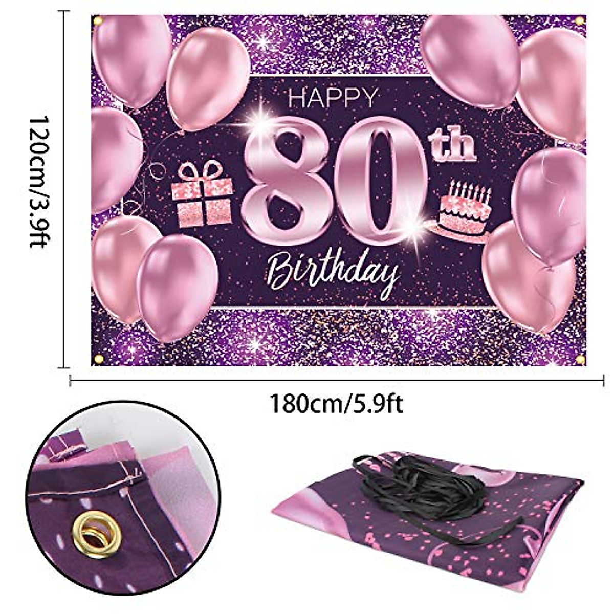 PAKBOOM Happy 80th Birthday Banner Backdrop - 80 Birthday Party Decorations Supplies for Women - Pink Purple Gold 4 x 6ft
