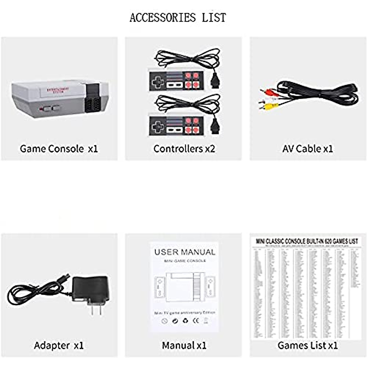 KUNLIDUDU Retro Classic Mini Game Console, Builtin 620 Video Games Plug and Play, Old Game System with 2 NES Classic Controllers, AV Output Mini Console, Games Console, gray, 19x15x7.5cm