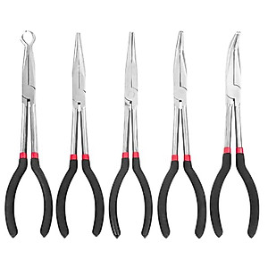 joyibay Long Reach Needle Nose Pliers, 5 Pcs 11-Inch Long Needle Nose Pliers Hose Grippers Set with Pouch, Includes Straight Angle, 25, 45, 90 Degree, O-Typed Long Reach Pliers for Narrow Spaces