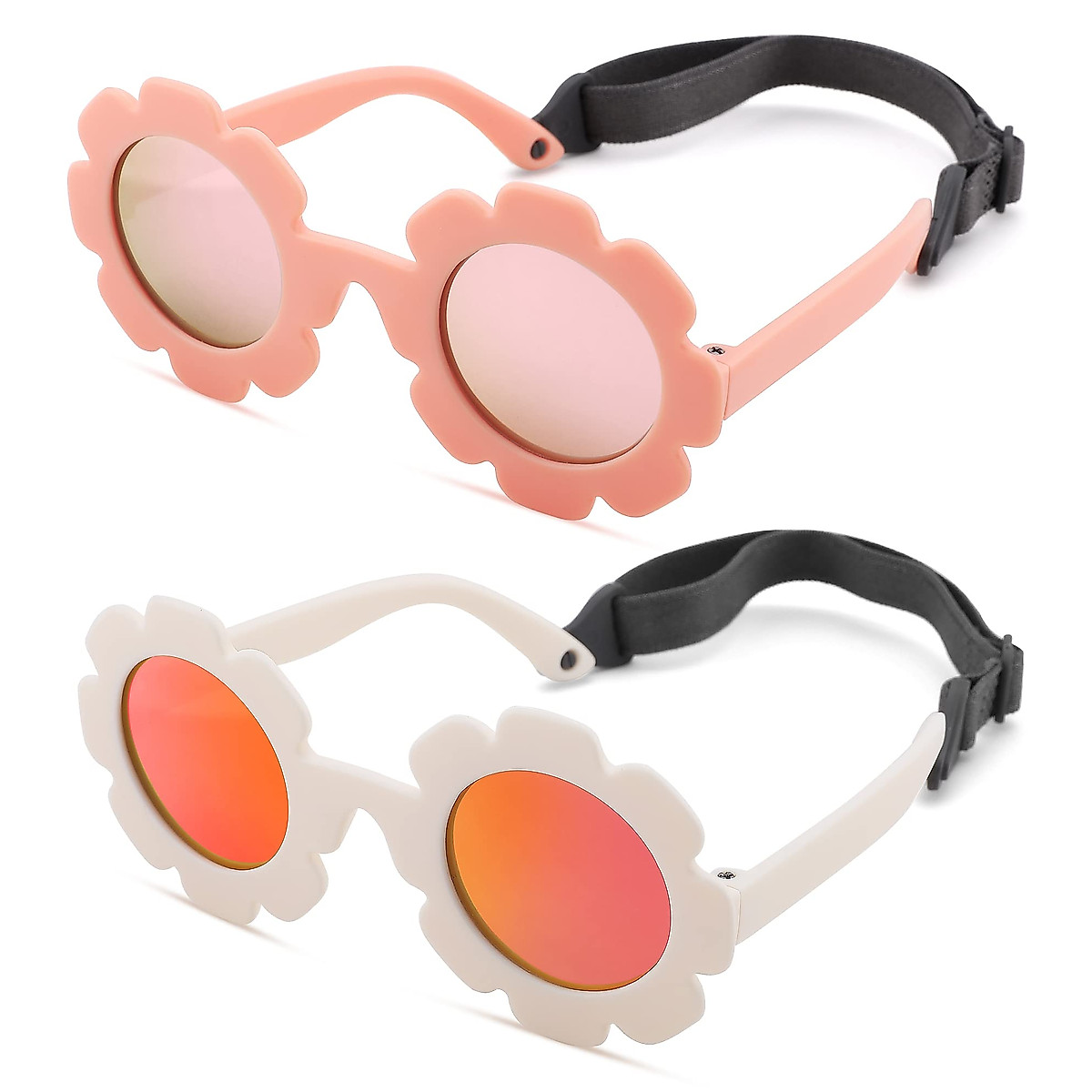 NULOOQ Polarized Baby Sunglasses with Strap – Flexible Flower Shaped Sunglasses for Toddler & Infant Age 0-24 Months (Pink/Pink Mirrored + White/Purple Red Mirrored) - 2 Pack