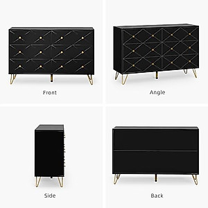 DWVO Large 6 Drawer Dresser for Bedroom, Black Wood Dresser Chest of Drawers with Fluted Panels, Modern 47" W TV Stand Double Dressers Storage Cabinet for Living Room, Hallway, Entryway