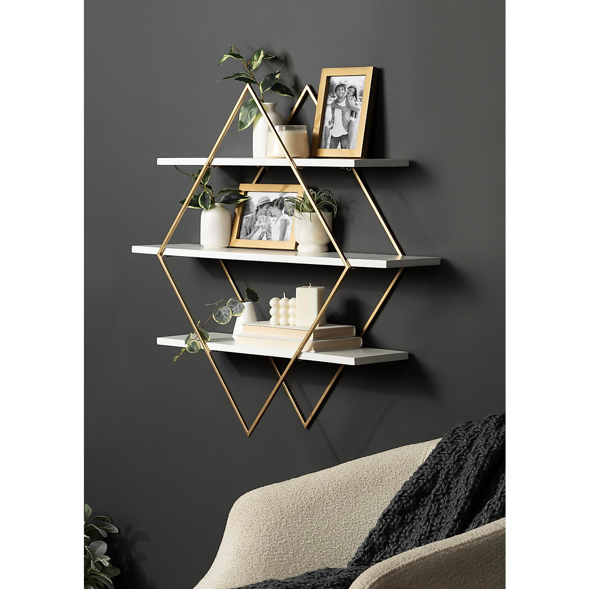 Kate and Laurel Daxton Modern Wood and Metal Diamond Wall Shelf, 31 x 8 x 31, White and Gold, Glam Geometric Wall Organization for Bathroom Storage or Living Room Display