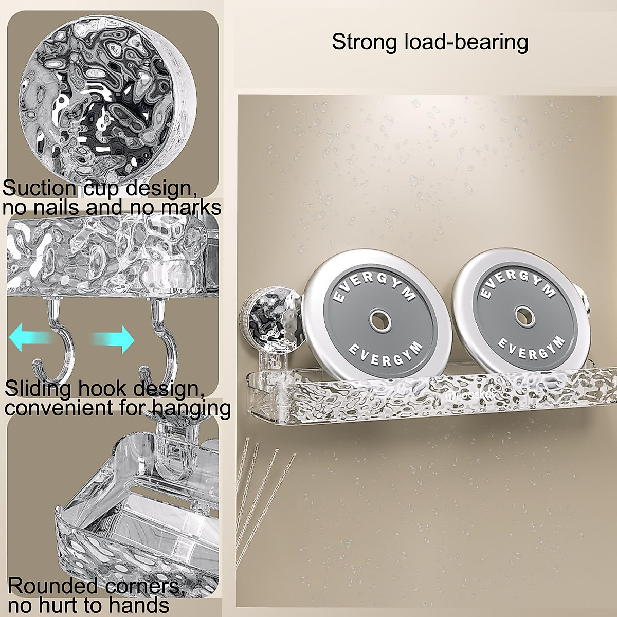 Quincry Light Luxury Style Glacier Pattern Suction Cup Shelf with Hook, Punch-Free Shower Storage Rack for Bathroom, No Drill Corner Wall Caddy for Kitchen (Clear(Triangle + Rectangle))