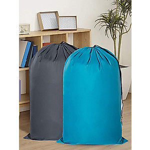 QKDS Laundry Bag with Cord Closure, 2pcs Travel Drawstring Laundry Bags, Foldable Lightweight Laundry Bags Polyester Storage Bag for Home and Dorm Camping Travel(Blue and Grey)