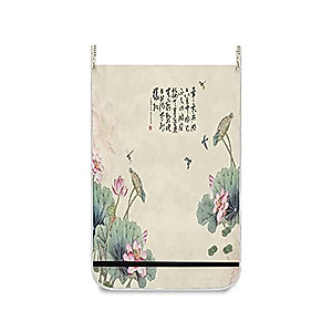 xigua Chinese Watercolor Style Lotus Hanging Laundry Hamper Bag, Hanging Laundry Basket for Holding Dirty Clothes, Space Saving Hanging Laundry Bag with Free Adjustable Steel & Suction Cup Hooks 1PCS