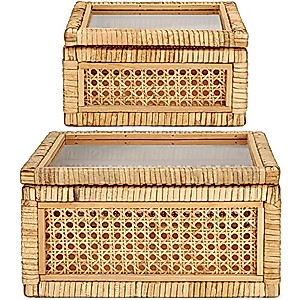 Amyhill Set of 2 Boho Rectangular Rattan Decorative Boxes with Glass Lids Woven Cane and Rattan Display Boxes with Lids Storage Basket Bins for Home Decor (12 x 12 x 6 Inch, 9 x 9 x 4.5 Inch)