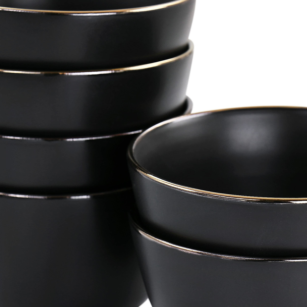 Elama Paul 6 Piece Stoneware Bowl Set in Matt Black with Gold Rim (Arthur Paul Bowl), 6 Piece Set