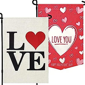 2 Pieces Valentine Flag, Love Happy Valentines Day Flag, 12.5 x 18.5 Inch Valentine's Heart Garden Flag, Double Sided Printing 2 Layer Burlap Flags for Valentine's Day Home Garden Yard Decoration Gift