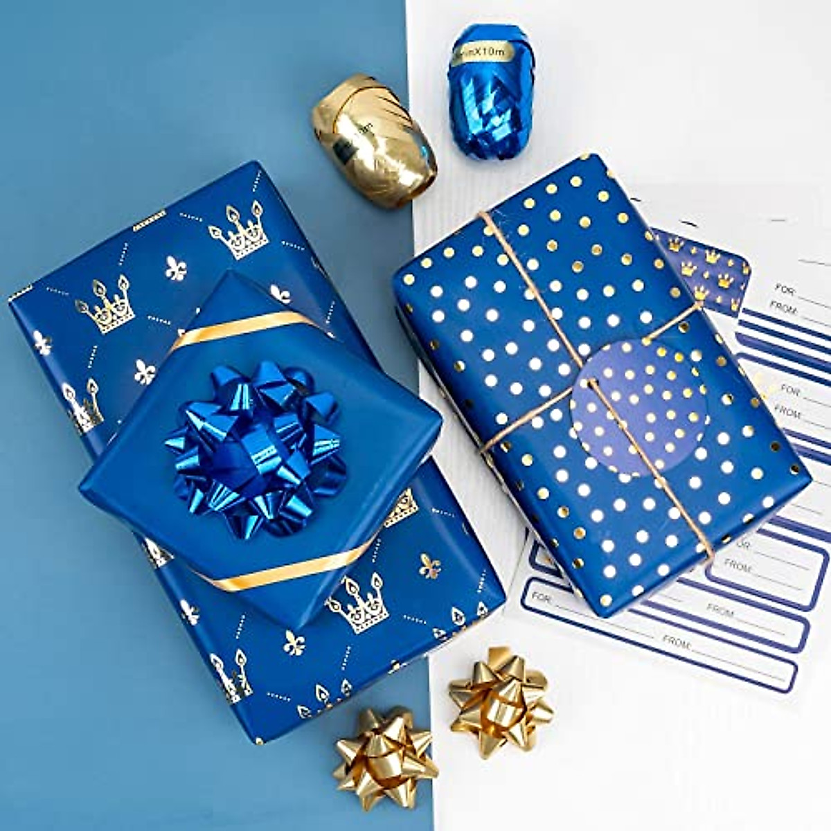 MAYPLUSS Wrapping Paper Set - Mini Roll with Bow & Ribbon & Gift Tags & Stickers - 17 inch X 120 inch Per roll - Royal Blue Design (42.3 sq.ft.TTL)