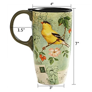 TZSSP Coffee Ceramic Mug Porcelain Latte Tea Cup Travel Mug With Lid 17oz,Song Bird