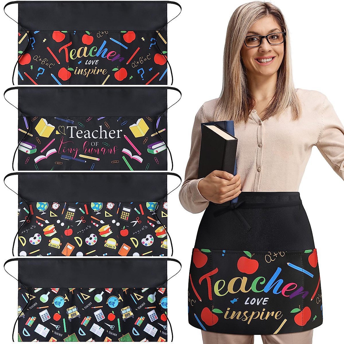 4 Pieces Waist Apron for Teachers with 3 Pockets Waterproof Half Aprons Back to School Teacher Apron for Teacher Appreciation Gift As Pictures Shown
