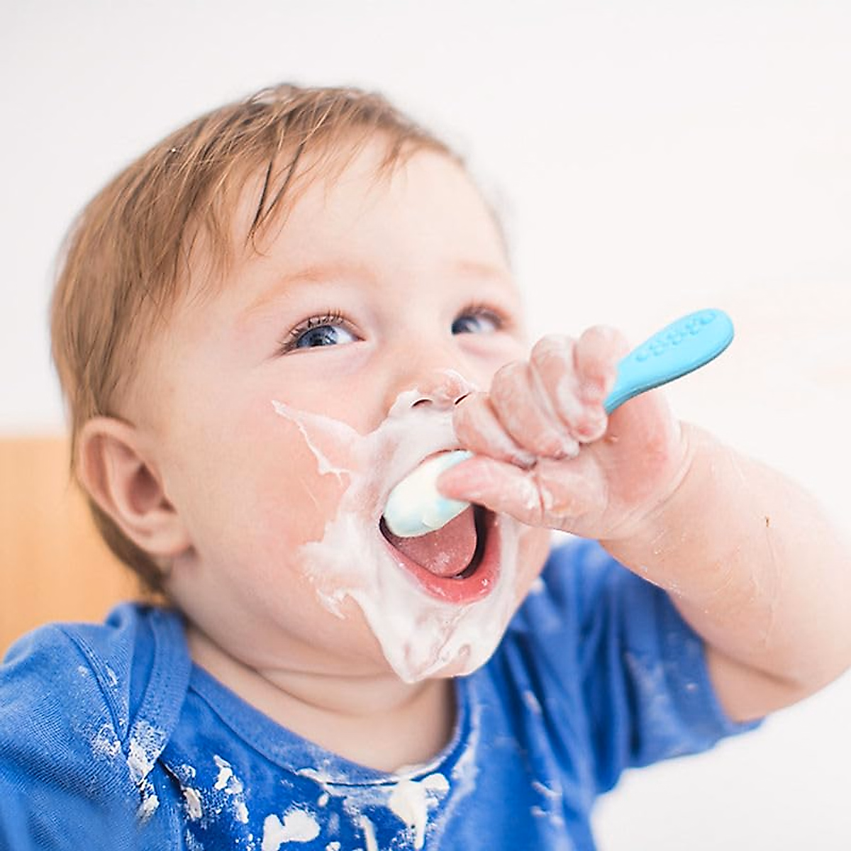 JuLe Self Feeding Baby Spoon Set (NEW Pre-Stage 1 + Stage 1) Silicon, Infant, Toddler, Weaning (Navy/Dusk, Set of 4)