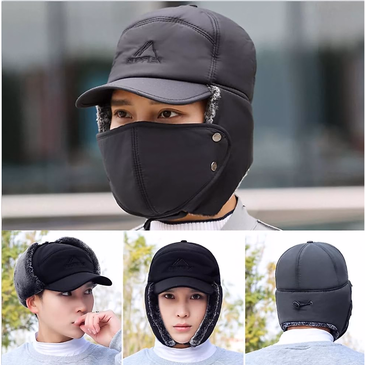 Men Winter Trapper Hat Snow Hats Thermal Windproof Hunting Skiing Cycling Ear Flaps Cold Weather Caps Ushanka Russian Dad Hat