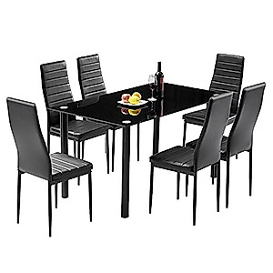 YEBDD 6-Seater Dining Table Chair Set Includes 1 Tempered Glass Dining Table + 6 High Backrest Dining Chairs Black