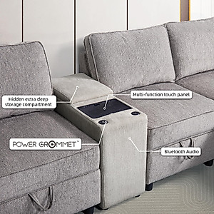 beyond SMART End Table with Audio,Upholstered Console, Modular Console with Cup Holder&Wireless Charging, Power Console Sofa Table, Almond