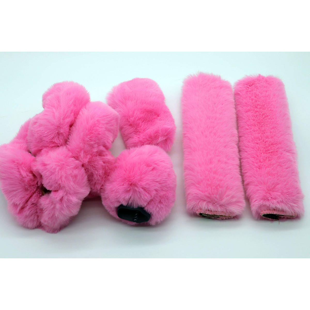 Pinbola 5pcs in 1 Set Faux Wool Steering Wheel Cover Soft Fluffy Handbrake Cover & Gear Shift Cover & 2pcs Seat Belt Shoulder Pads Warm Universal Fit for 15 Inch (Pink)