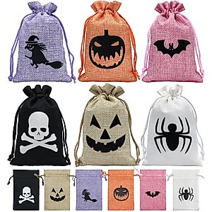 Jexila 24 Pack Halloween Burlap Gift Bags Small Halloween Treat Bag with Drawstring Linen Jute Halloween Goodie Candy Bags for Kids Trick or Treat Halloween Party Favor