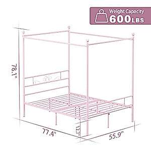 Weehom Metal Canopy Platform Bed Frame with 4 Posters and Headboard Under Bed Storage No Box Spring Needed for Adults Girls Bedroom Decoration Full Size Bed, Pink