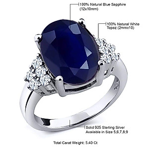 Gem Stone King 925 Sterling Silver Blue Sapphire and White Topaz Engagement Ring For Women (5.40 Cttw, Oval 12X10MM, Gemstone Birthstone, Available In Size 5, 6, 7, 8, 9)