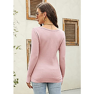 Women's V Neck Waffle Knit Henley Tops Casual Long Sleeve Pullover Sweater Blouses (Light Pink-2, Large)