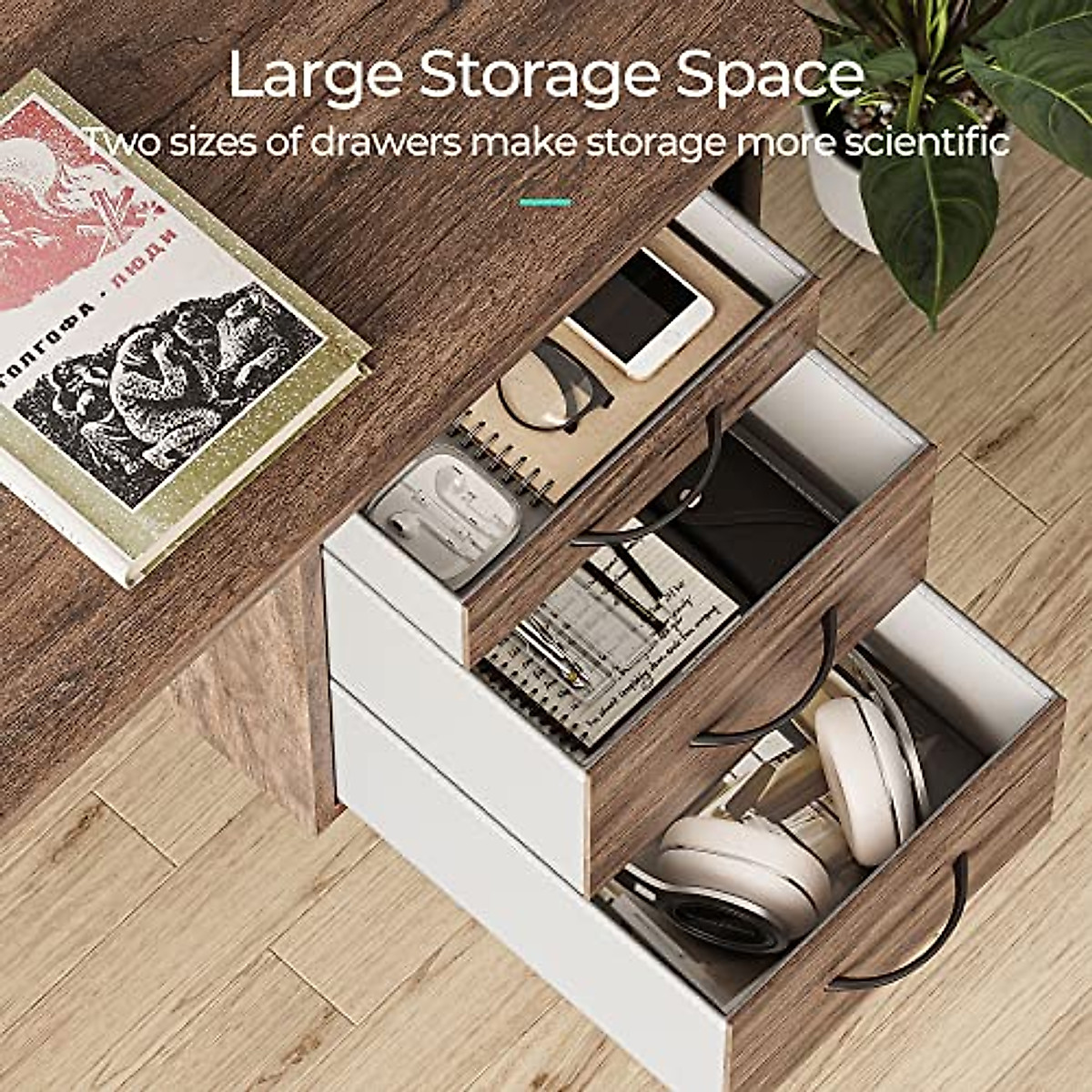 LINSY HOME Computer Desk 47 inch with 3 Drawer, Writing Desk Study Table with Monitor Stand Groove for Home Office, Brown