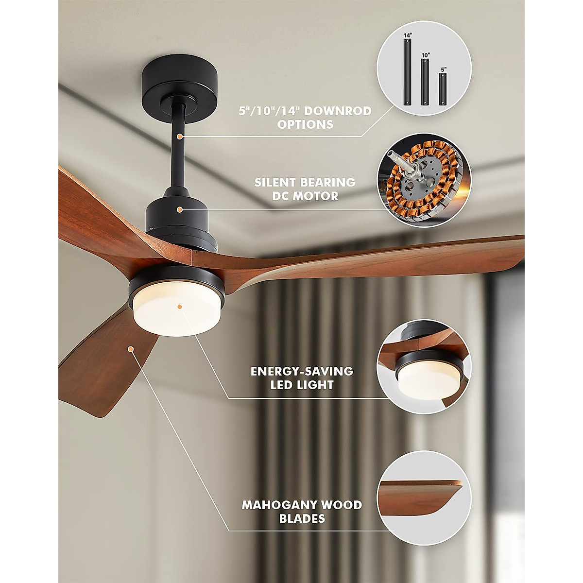 Chriari Ceiling Fans with Lights, 60" Wood Ceiling Fan with Remote Control, 3 Walnut Fan Blades Reversible Quiet DC Motor 6 Speeds Timing Farmhouse Ceiling Fan for Patios Bedroom Living Room