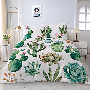 ARIGHTEX Bright Cactus Pattern Bedding Set Green Plants Cactus Print 3 Pieces Duvet Cover Set Nature Art Prints Decor Collection (Queen)