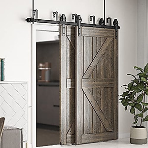 skysen 6FT Low Ceiling Heavy Duty Sliding Barn Door Hardware Double Track Bypass Double Door Kit Black(Bypass Spoke Wheel-2)