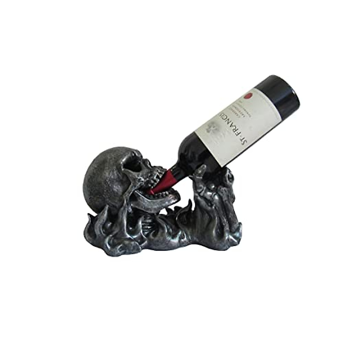 DWK - Gargle of Wine - Skeleton in Flames Tabletop Wine and Bottle Display Caddy Home Décor Dining Centerpiece Kitchen Accessory Bar Accent, Pewter Finish, 11.5-inch
