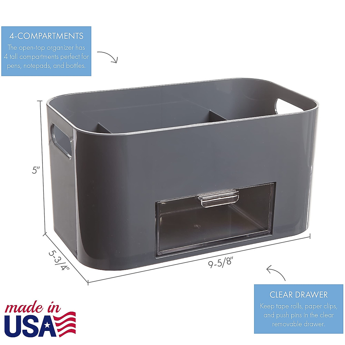 STORi Bliss 4-Compartment Plastic Vanity Organizer with Small Accessory Drawer in Grey | Rectangular Makeup, Skincare, & Cosmetic Storage Bin with Pass-Through Handles | Made in USA