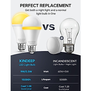 KINDEEP Sleep Light Bulb, 0.5W Amber Light Bulbs, 20lm 2000K, 2 Modes Bulb, 9W Equivalent 60W, 800lm, 2700K, E26 Blue Light Blocking Dim Lightbulbs for Lamp, Bderoom, Mood Soothing, Nursery, 4 Pack