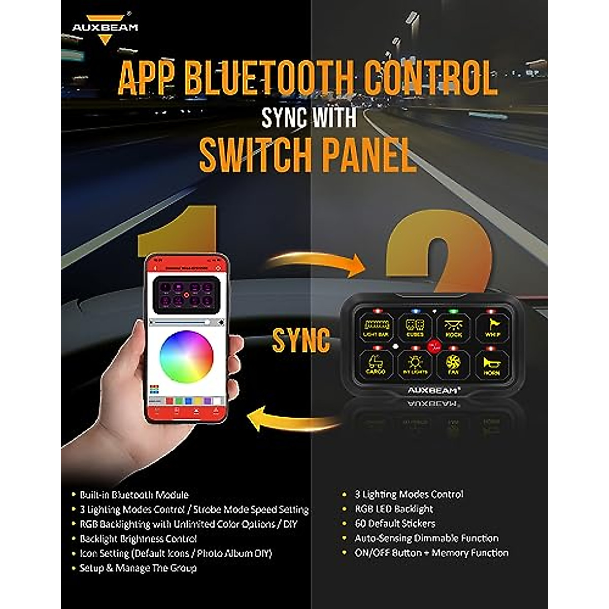 Auxbeam RGB Bluetooth 8 Gang Switch Panel AR-820 Toggle Momentary Pulsed Switch Pod for Truck UTV Offroad Boat with Switch Panel Sticker