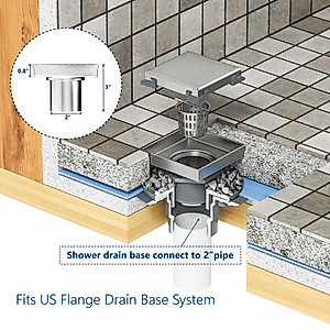 Neodrain 4-Inch Square Shower Drain with Removable Quadrato Pattern Grate, PVC Shower Drain Base and Rubber Gasket for Bathroom Floor Drain, Brushed 304 Stainless Steel, Includes Hair Strainer