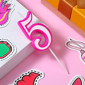 MTLEE Hot Pink Girl Birthday Candle Pink Numeral Birthday Candle Pink and White Birthday Cake Topper for Children Girls Birthday Decoration Princess and Singer Theme Party Supplies (Number 5)