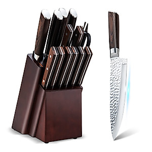 GOFLAME 16-Piece Kitchen Knife Set with Block, Stainless Steel Chef Knife Set with Sharpener, Versatile Kitchen Scissors, 6 PCS Steak Knives, Professional Knife Block Set with Ultra-Shape Edge