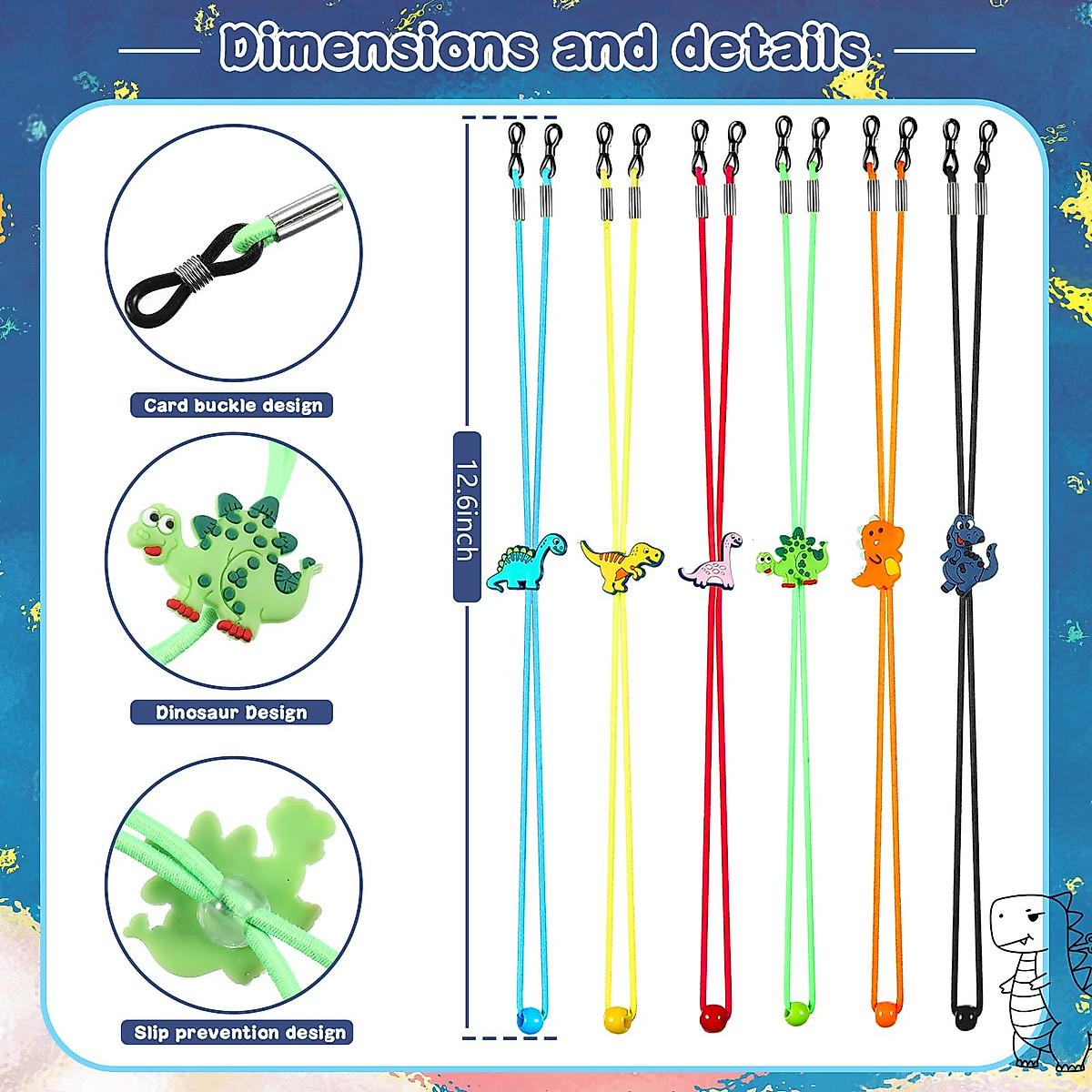 Weewooday 12 Pieces Kids Eyeglass Strap for Glasses Adjustable Cartoon Dinosaur Glasses Lanyard Stretchy Anti-slip Sunglasses Cord Eye Glasses String Strap for Boys Girls Adult
