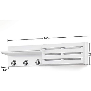 Mail Holder Organizer 3 Hooks Key Holder Wall Shelf White 24''x 6''