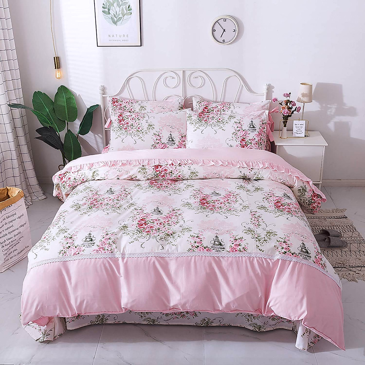 FADFAY Rosette Floral Duvet Cover Sweet Pink Girls Bedding Set 100% Cotton Ultra Soft Bed Sheets Set,5Pcs (1 Duvet Cover +1 Fitted Sheet+ 1 Flat Sheet +2 Standard Pillowcases), Twin Size