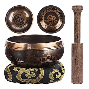 Omigga 3 Pcs 4 inch Tibetan Singing Bowl Set Nepal Antique Bronze Mantra Carving Hand Hammered Handcrafted Singing Bowl for Healing, Peace, Meditation, Stress Relief