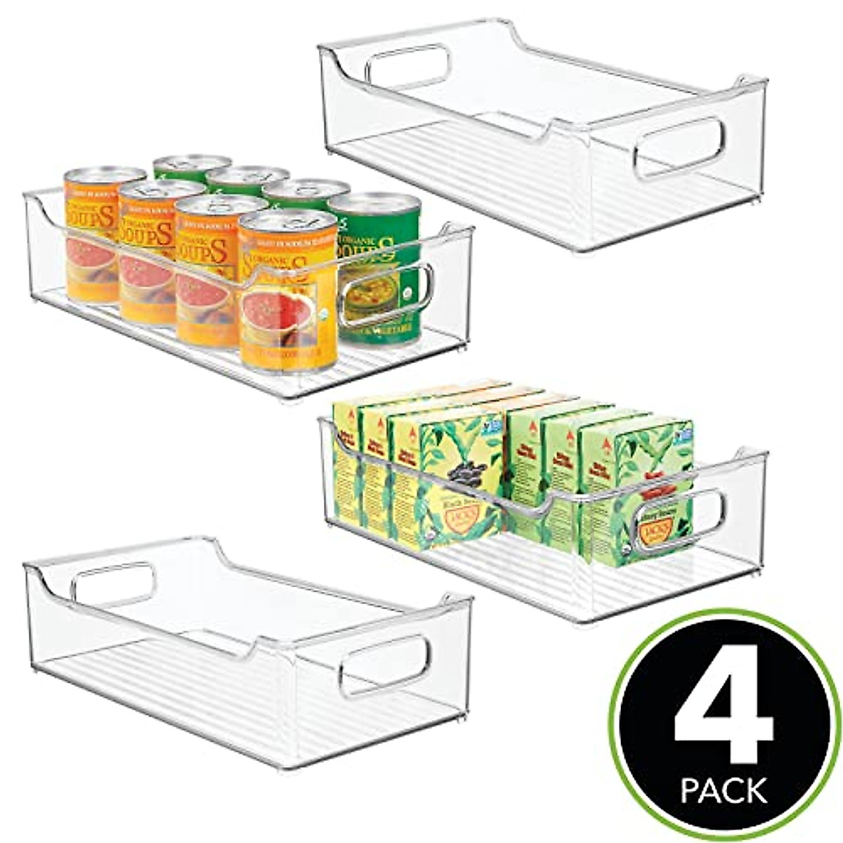 mDesign Wide Plastic Kitchen Storage Container Bins with Handles -Organization in Pantry, Cabinet, Refrigerator or Freezer Shelves - Food Organizer for Fruit, Yogurt, Squeeze Pouches - 4 Pack - Clear