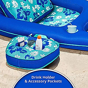 Aqua Leisure Campania Ultimate Convertible 2 in 1 Outdoor Swimming Pool Float Lounger Recliner Tanning Chair and Caddy, Teal Hibiscus (2 Pack)