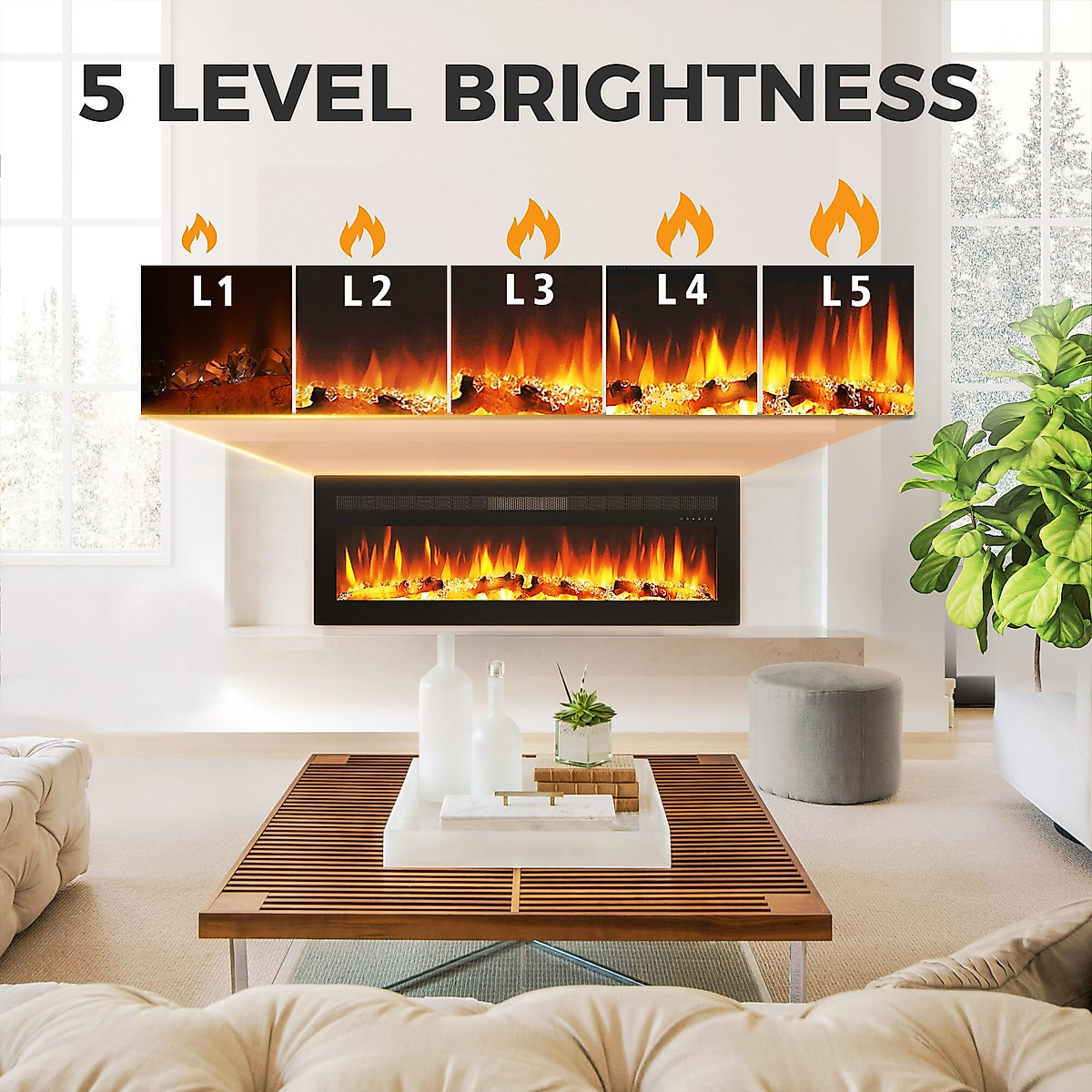 60 inches Electric Fireplace, Recessed and Wall Mounted Fireplace, Adjustable 20 Flame Colors and 5 Speeds, Remote Control & Touch Screen with Timer, Linear Fireplace W/Thermostat, Black