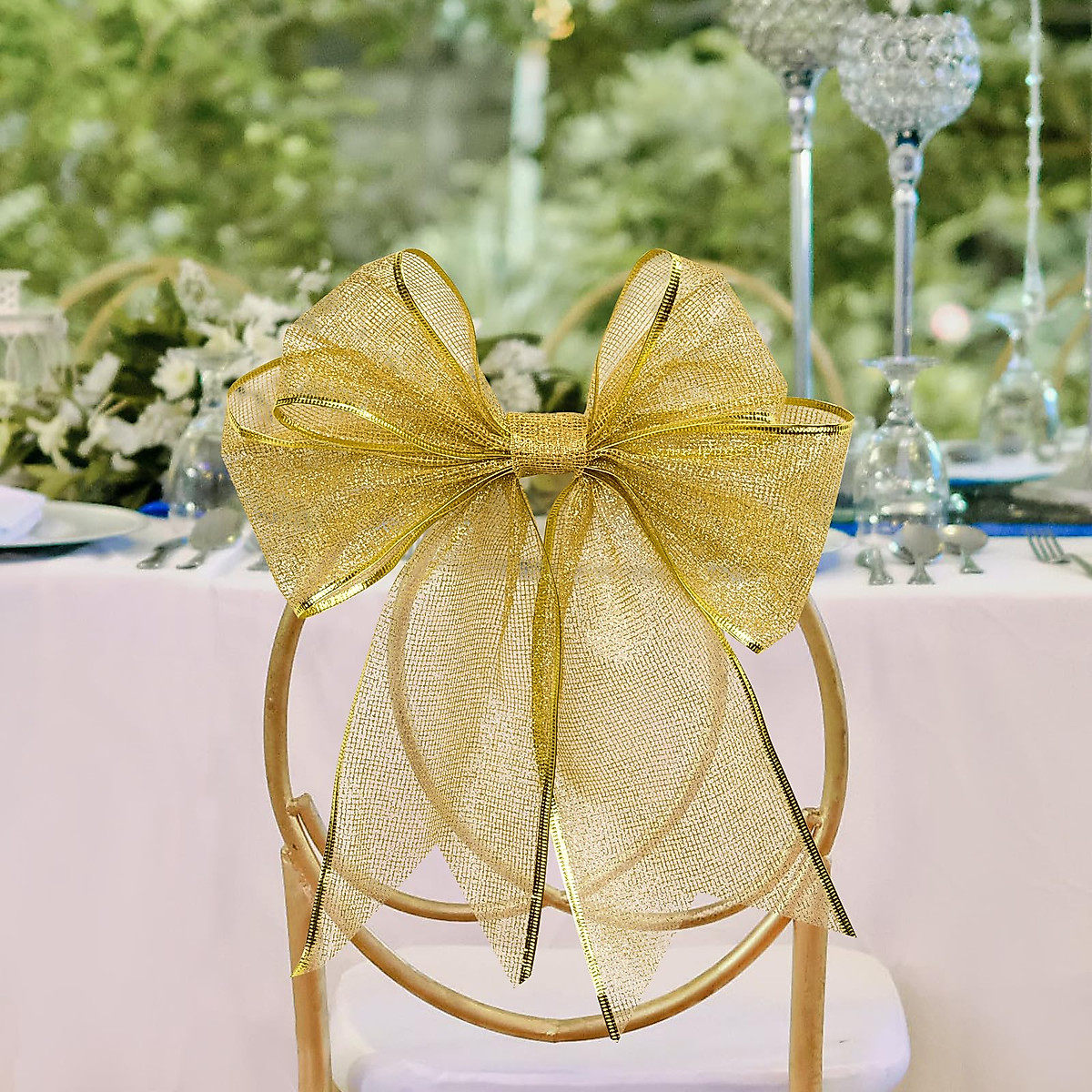 PAPER FAIR 1 Roll 4 Inch Wide 10 Yd Gold Glitter Wired Ribbon, Metallic Gold Mesh Wired Edge Ribbon for Christmas Tree Décor, Gift Wrapping Box, Bows, Wreath, Garland, DIY Craft