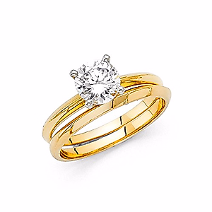 Jewels By Lux 14K Yellow Gold Cubic Zirconia CZ Wedding Band and Engagement Bridal Ring Two Piece Set Size 6