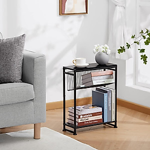 Slim End Table with Magazine Holder - 2 in 1 Design for Small Spaces - Black