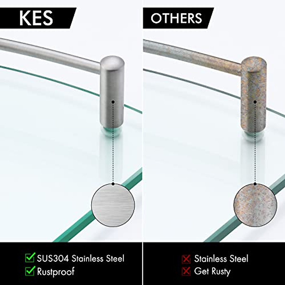 KES Glass Corner Shelf for Bathroom Corner Shelf 2 Pack Tempered Glass Shelf with Rail SUS 304 Stainless Steel Wall Mounted Brushed Finish, BGS2101A-2-P2