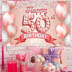 Happy 50th Birthday Rose Gold Banner Cheers to 50 Years Old Backdrop Confetti Balloons Theme Decor Decorations for Women 50 Years Old Pink Birthday Party Supplies Bday Background Favors Gift Glitter